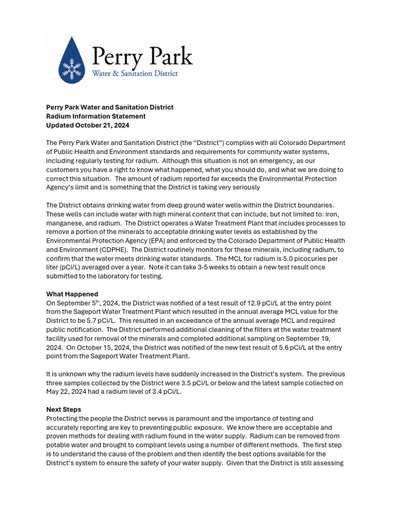 Perry Park Water and Sanitation District Statement | PDF | Water ...