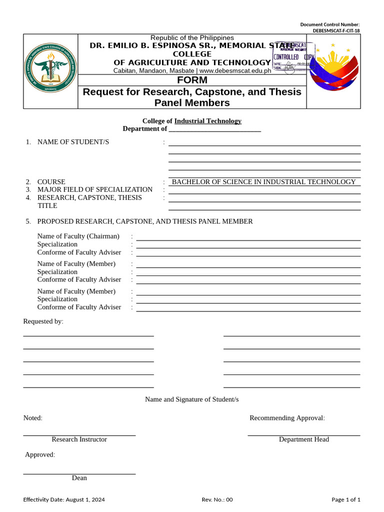 DEBESMSCAT F CIT 18 Request For Research Capstone and Thesis Panel ...
