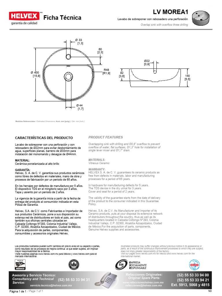 Lavabo - Ficha tecnica | PDF
