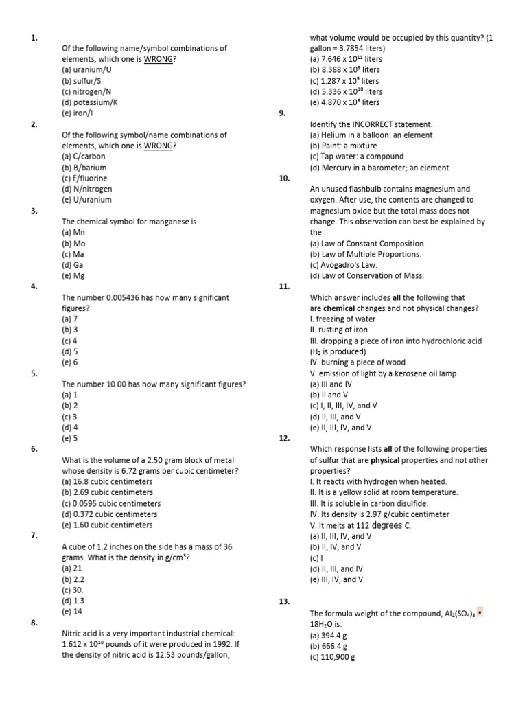 Chemistry Practice Questions and Answers | PDF | Hydroxide | Atoms