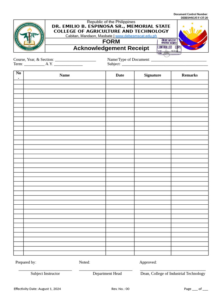 DEBESMSCAT F CIT 20 Acknowledgement Receipt Form | PDF