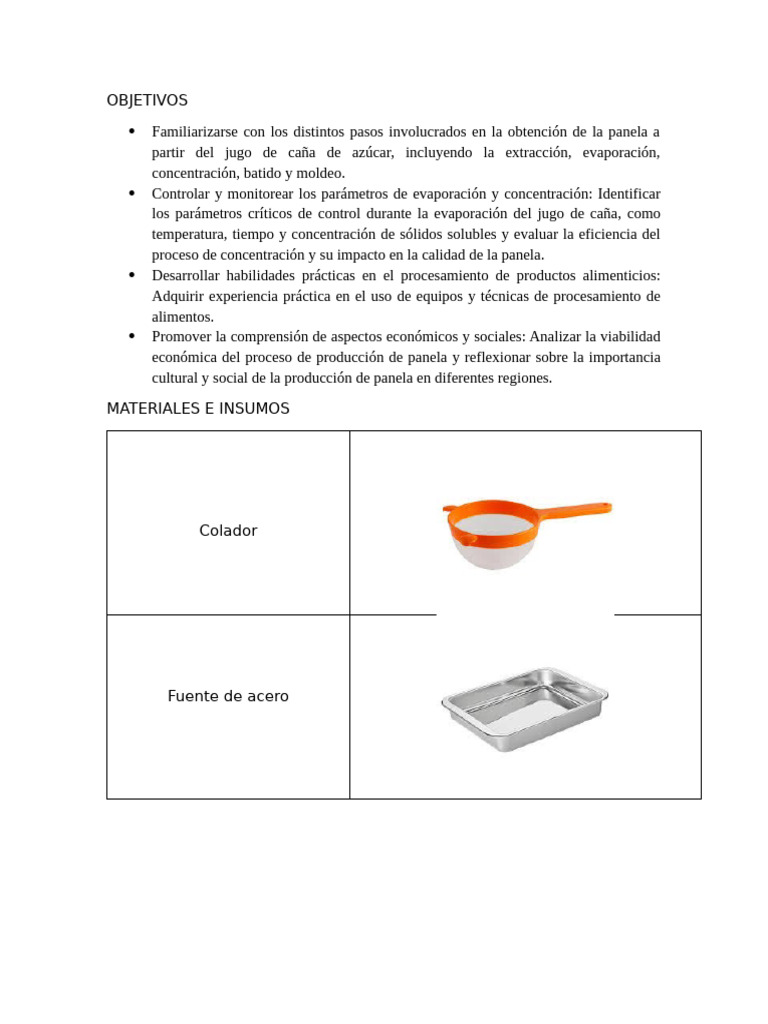 Objetivos Materiales e Insumos | PDF