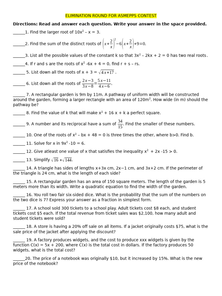 Elimination Round For Asmepps Contest | PDF | Mathematical Concepts ...