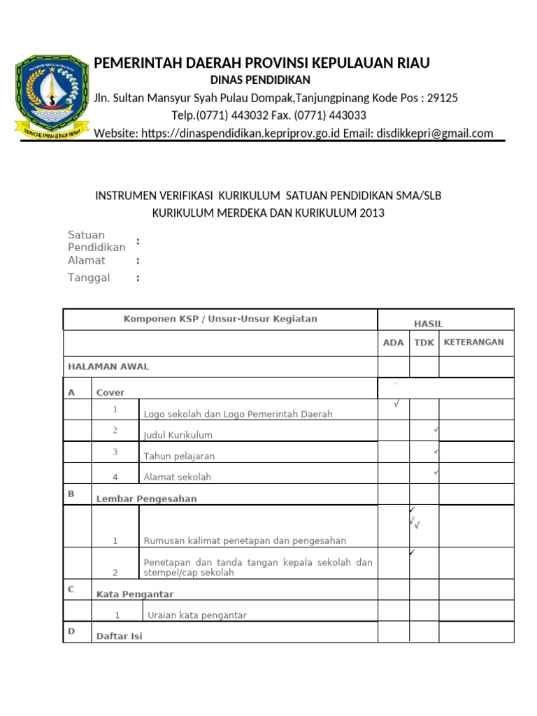 Instrumen Verifikasi Dok. 1 K-13 Dan KSP Merdeka 2024 | PDF