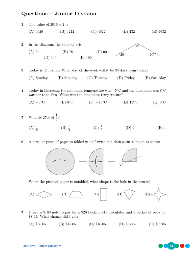 2016 AMC Junior Math Questions | PDF | Triangle