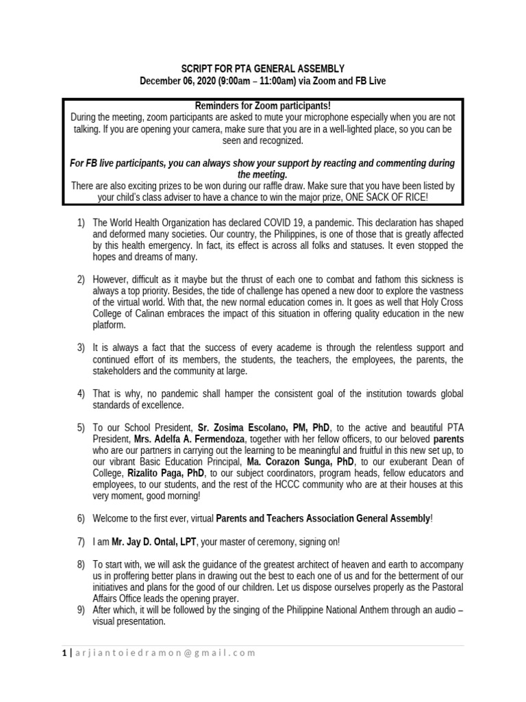 SCRIPT FOR PTA GENERAL ASSEMBLY | PDF
