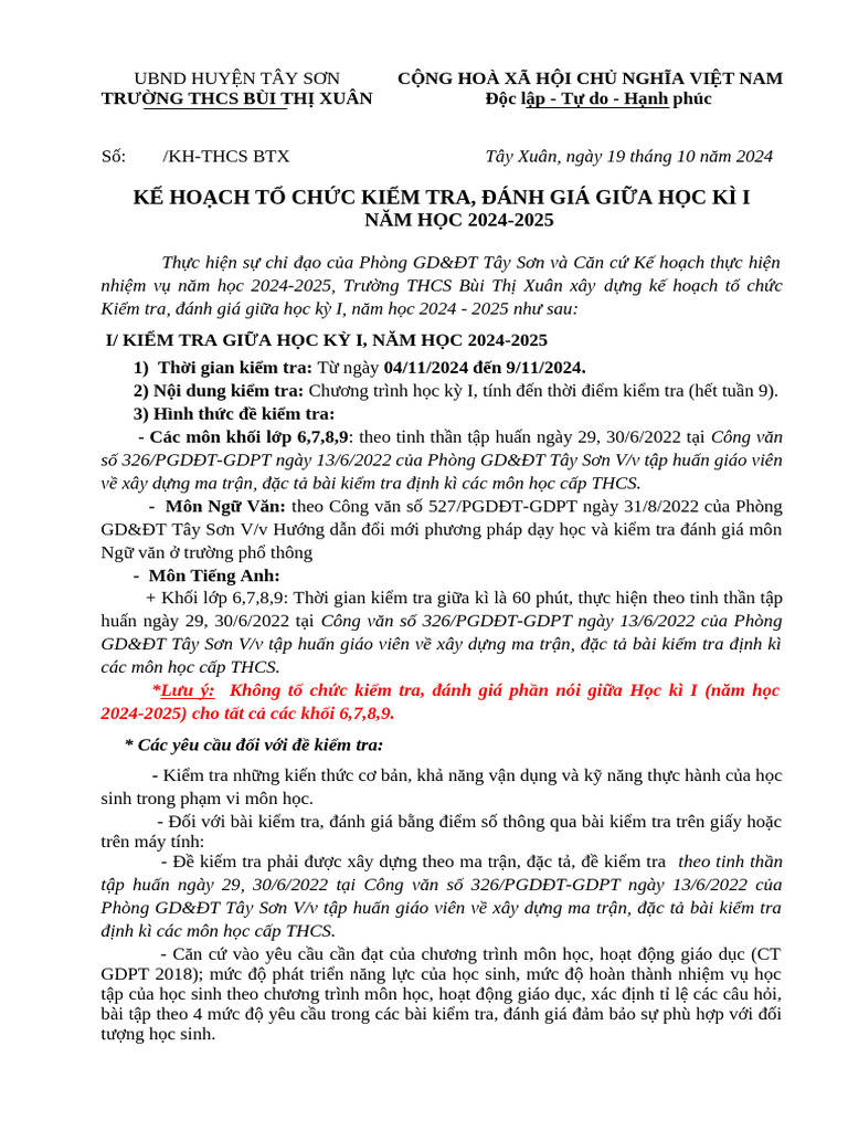 KH Kiểm Tra Giữa Kì I - 24-25 (BTX) | PDF