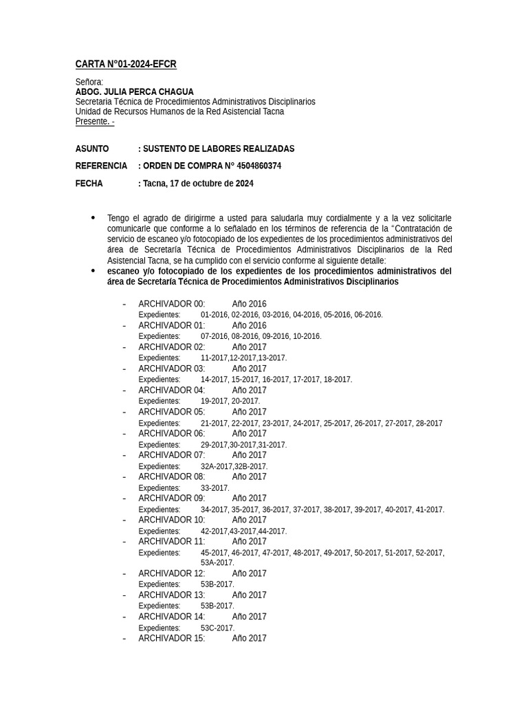 Carta Sustento de Labores Edson | PDF