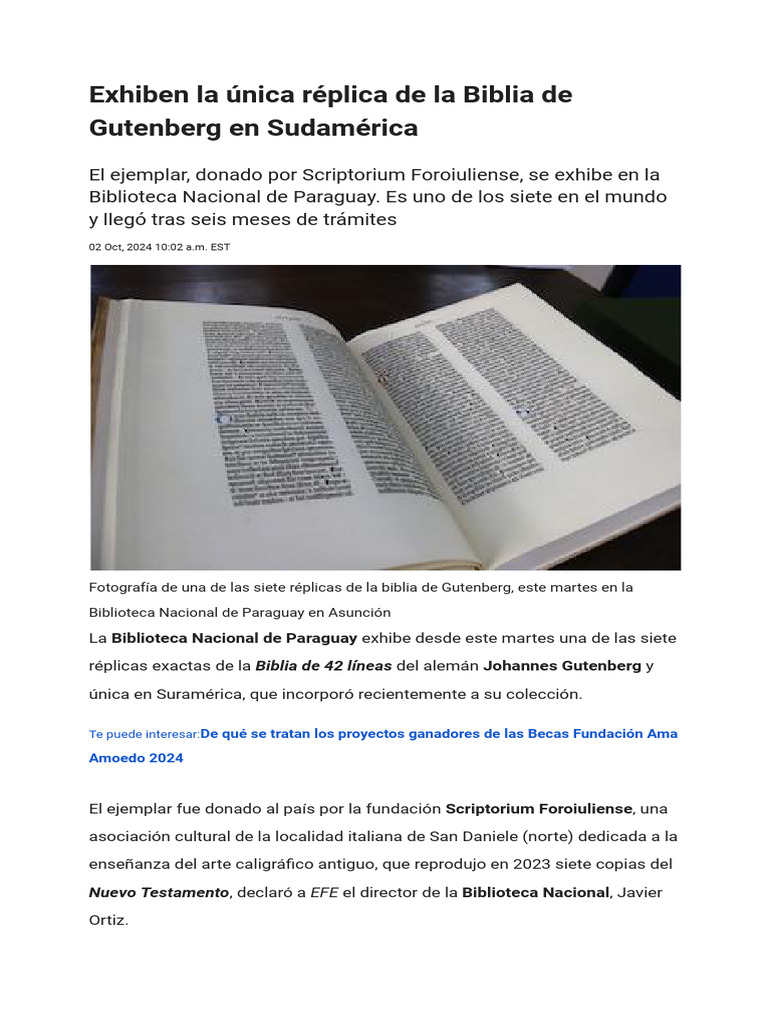 Exhiben La Única Réplica de La Biblia de Gutenberg | PDF | Libros | Imprenta