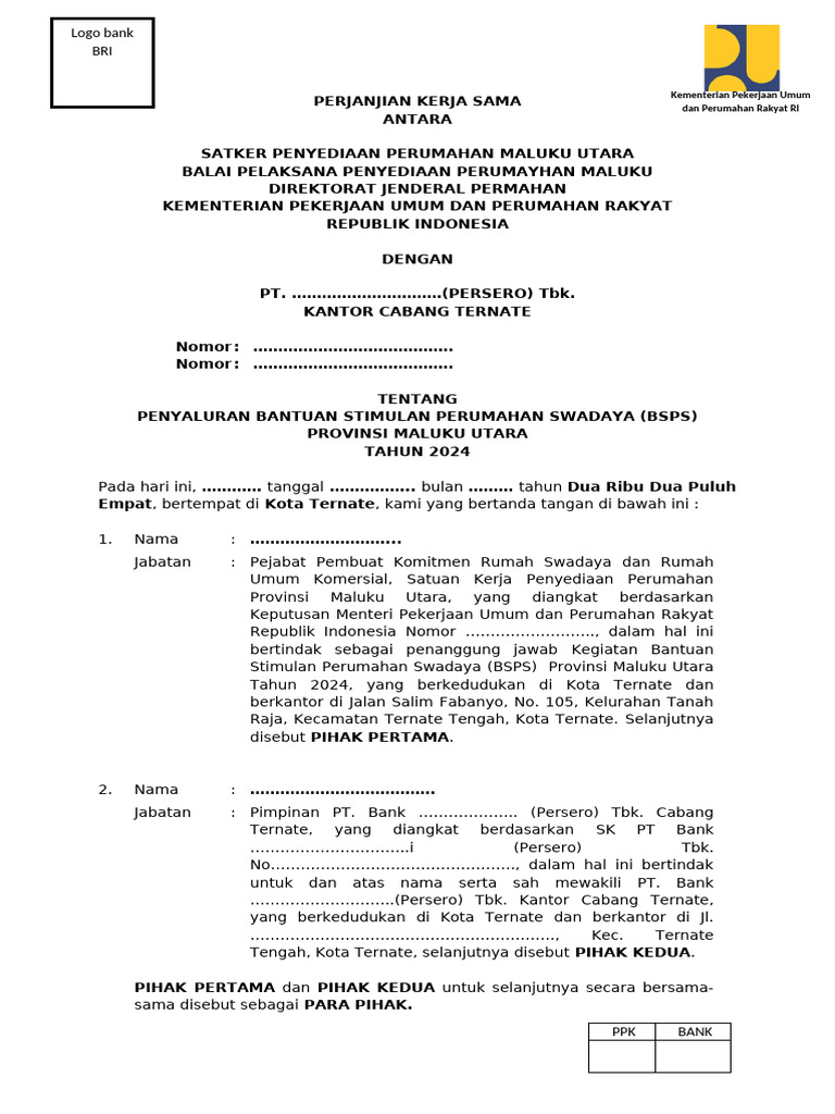 DRAFT Perjanjian Kerja Sama BRI Dan Satker BSPS 2024 | PDF