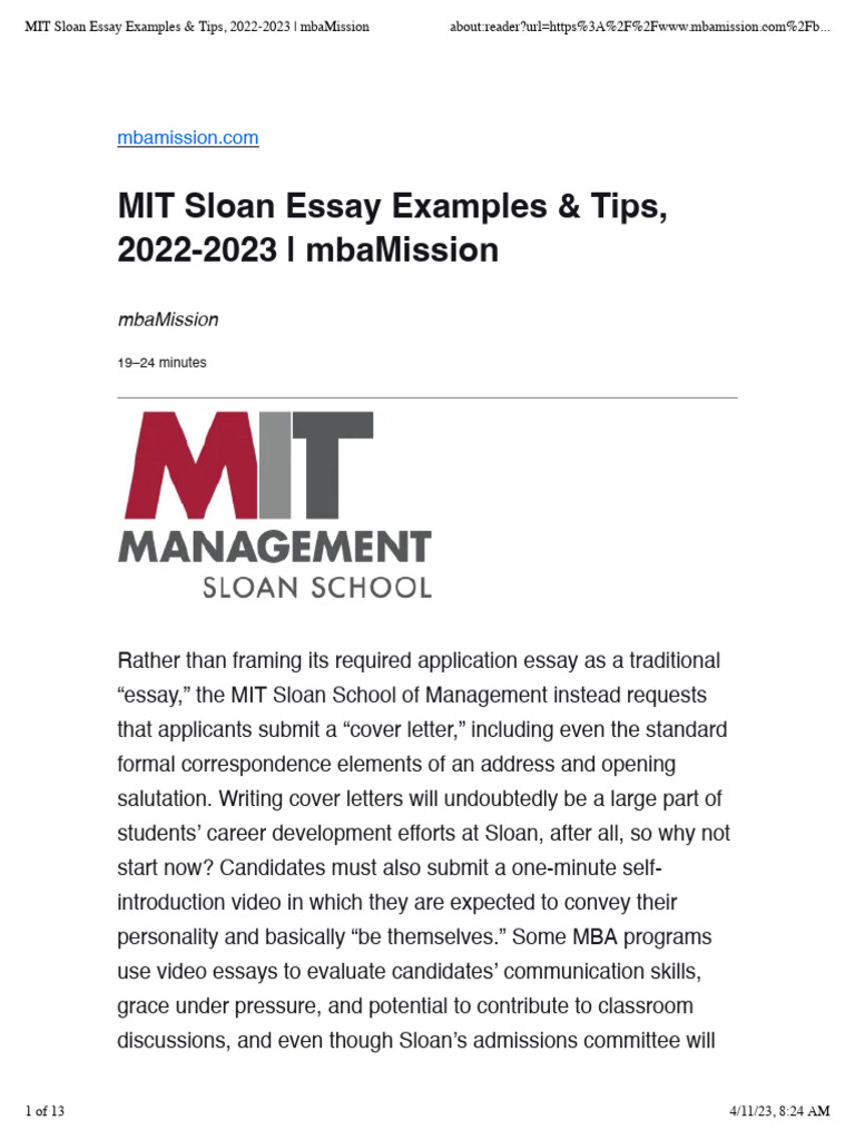 MIT Sloan Essay Examples & Tips, 2022-2023 - Mbamission | PDF | Essays