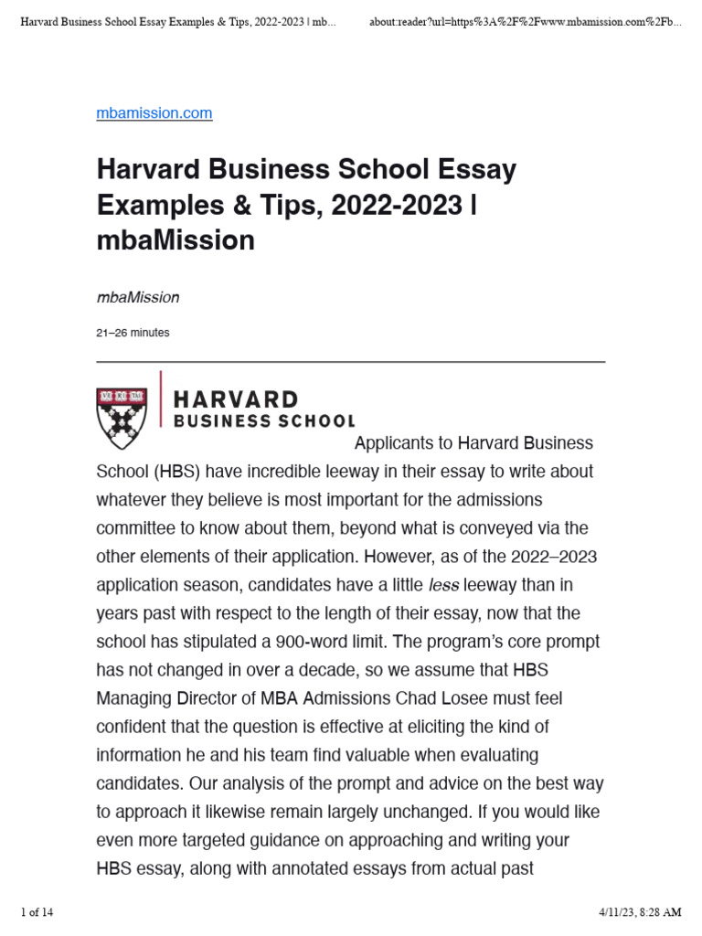 Harvard Business School Essay Examples & Tips, 2022-2023 - Mbamission ...
