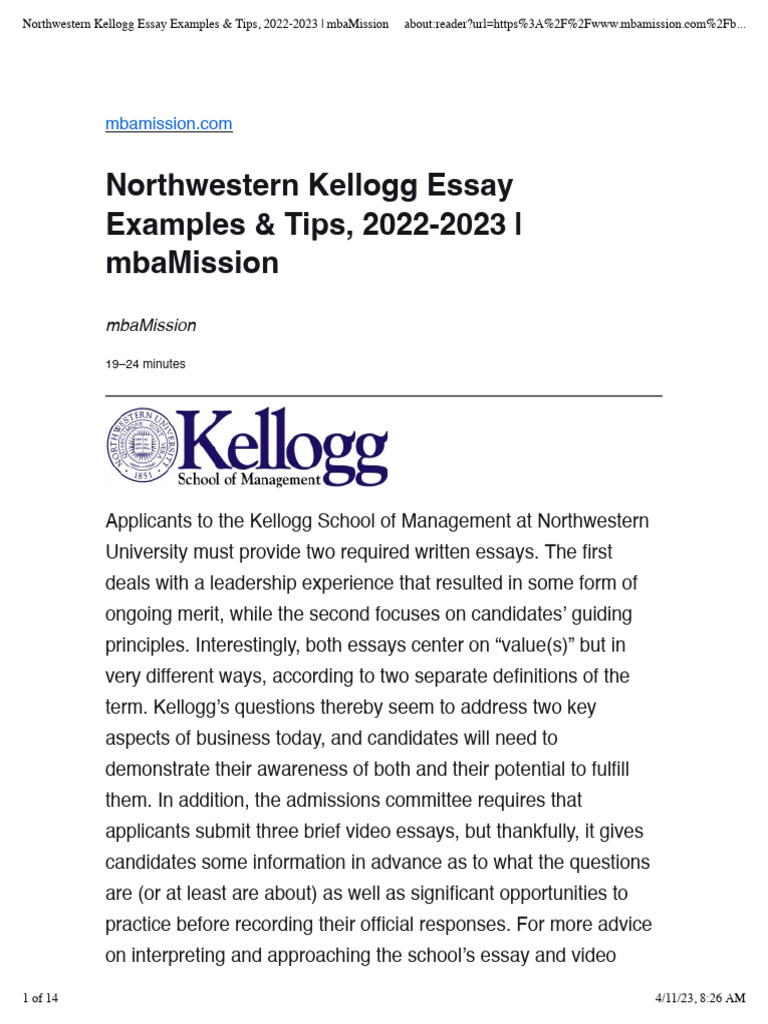 Northwestern Kellogg Essay Examples & Tips, 2022-2023 - Mbamission ...