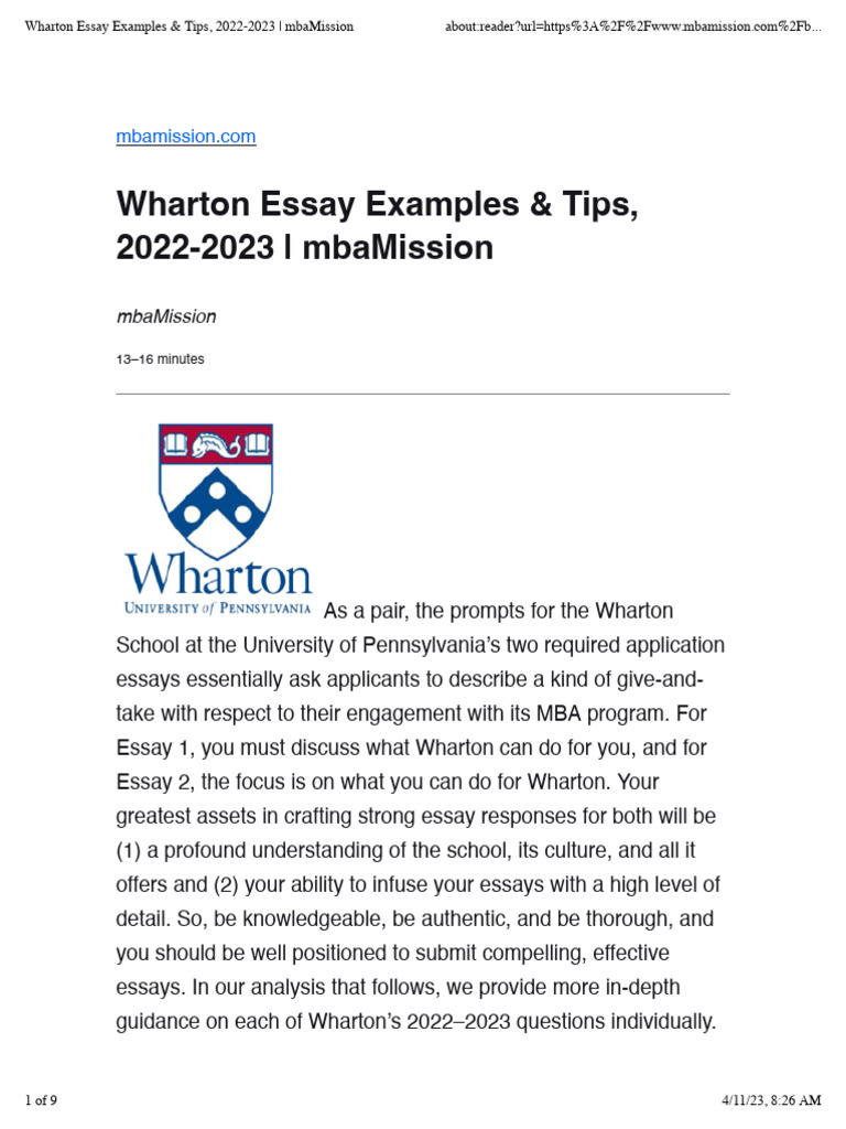 Wharton Essay Examples & Tips, 2022-2023 | mbaMission | PDF | Essays ...
