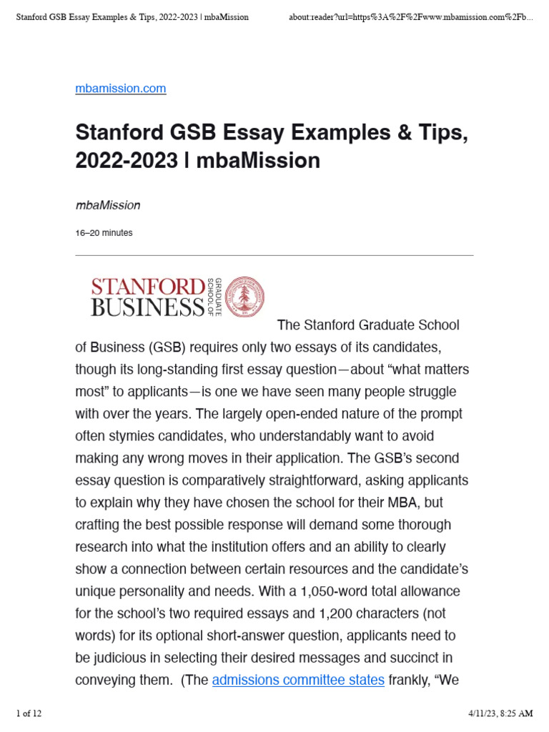 Stanford GSB Essay Tips & Examples | PDF | Essays