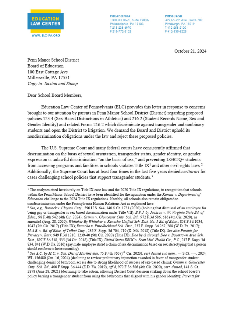 ELC Letter on Transgender Student Rights | PDF | Transgender | LGBTQIA+ ...