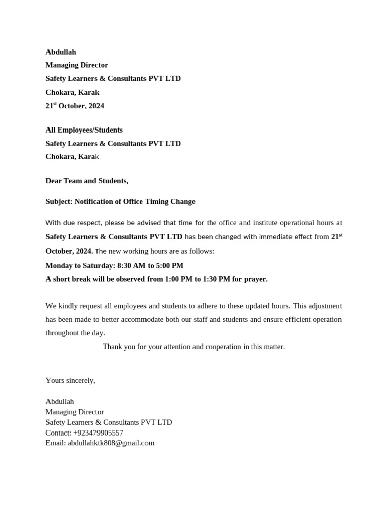 SLC Office Hours Timing Change Letter | PDF
