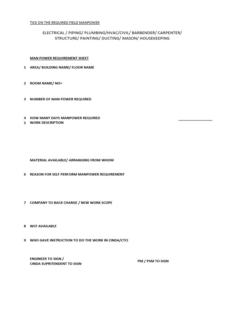 Manpower Requirement Form Template | PDF