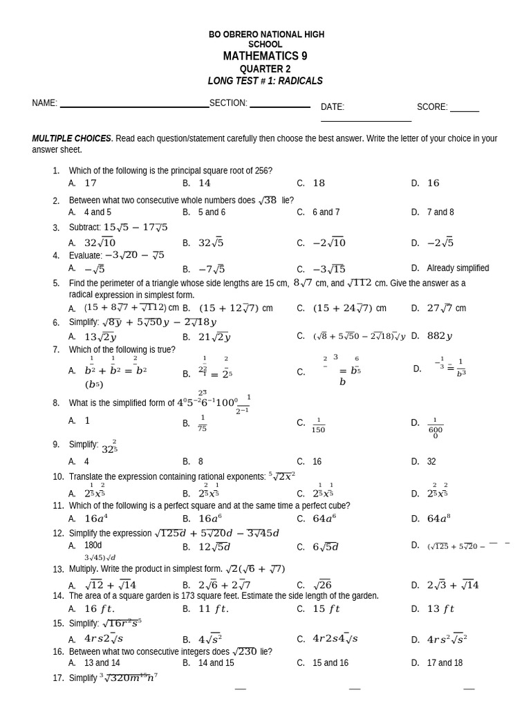 Mathematics 9: Long Test # 1: Radicals | PDF | Algebra | Discrete ...