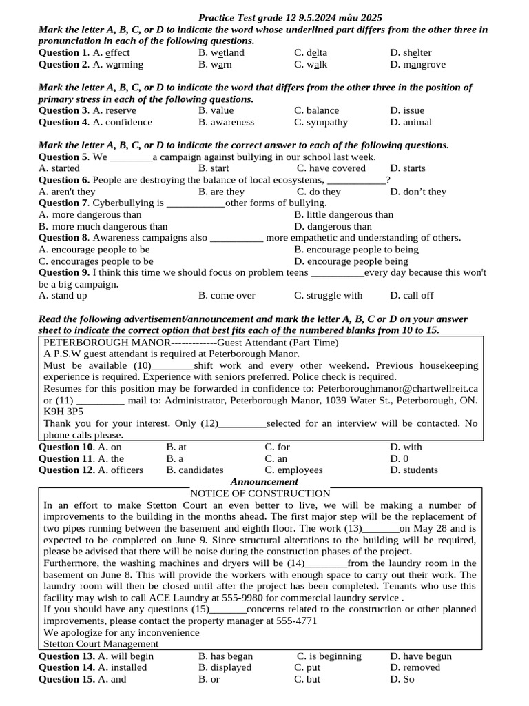 Practice Test Grade 12 9.5.2024 Mẫu 2025 | PDF | American Bison | Shame