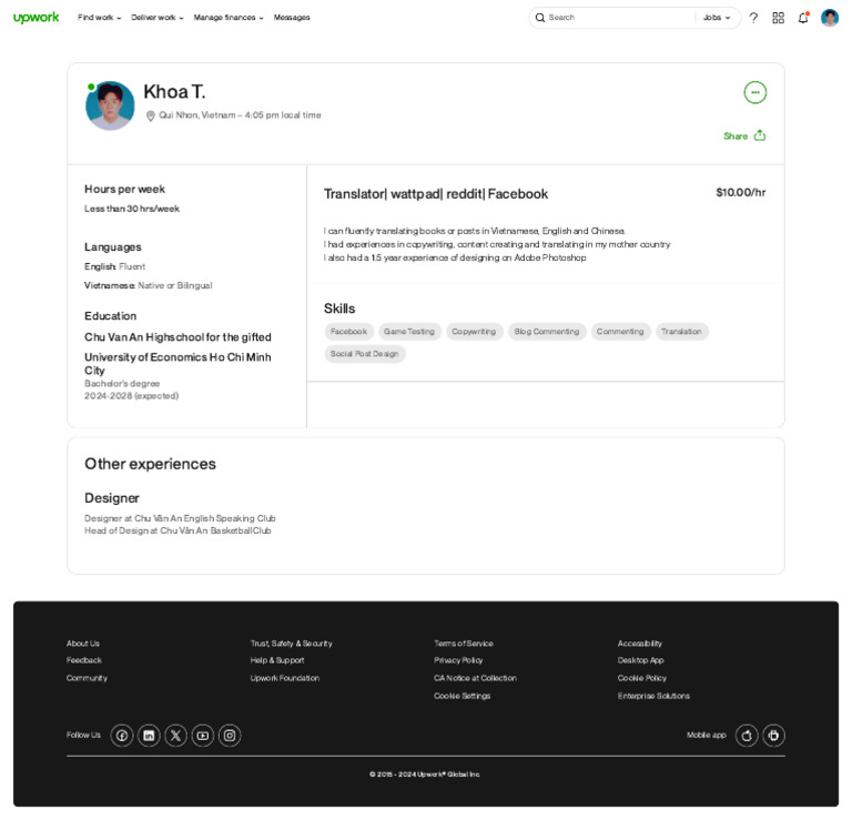 Khoa T. - Translator - Wattpad - Reddit - Facebook - Upwork Freelancer From Qui Nhon, Vietnam ...