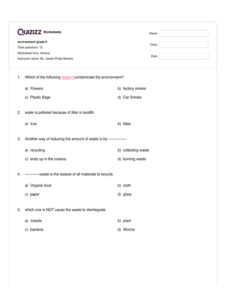 Environment Grade 6 - Quizizz | PDF | Waste | Fuels
