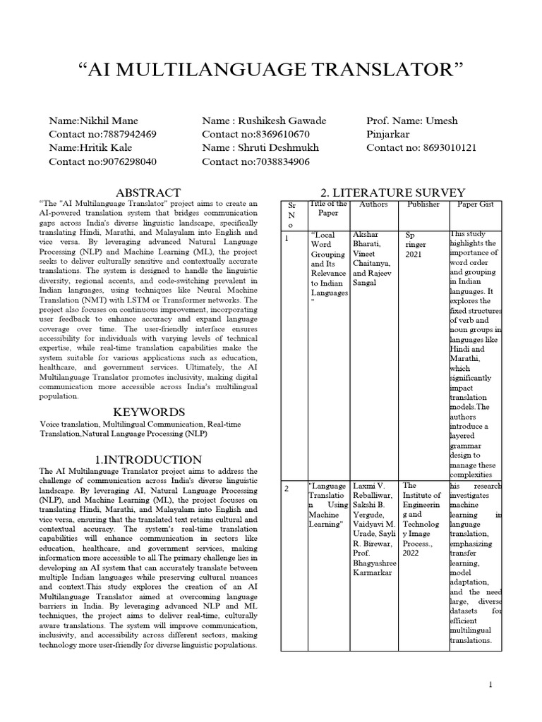 AI Translator for Indian Languages | PDF | Multilingualism | Artificial Intelligence