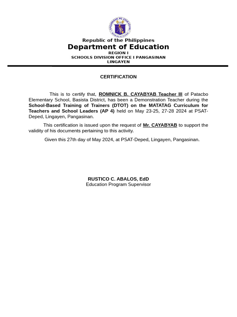 Certification of Demonstration Teacher | PDF