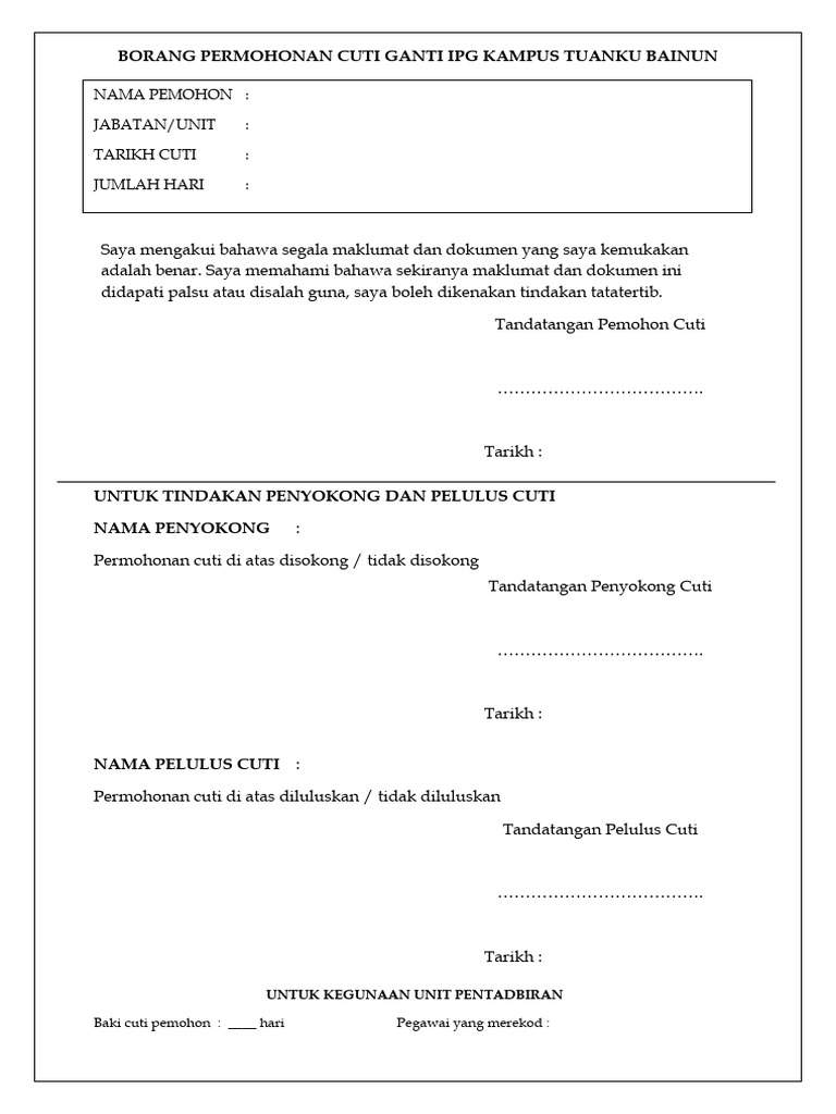 PDF Borang Permohonan Cuti Ganti Ipg Kampus Tuanku Bainun | PDF