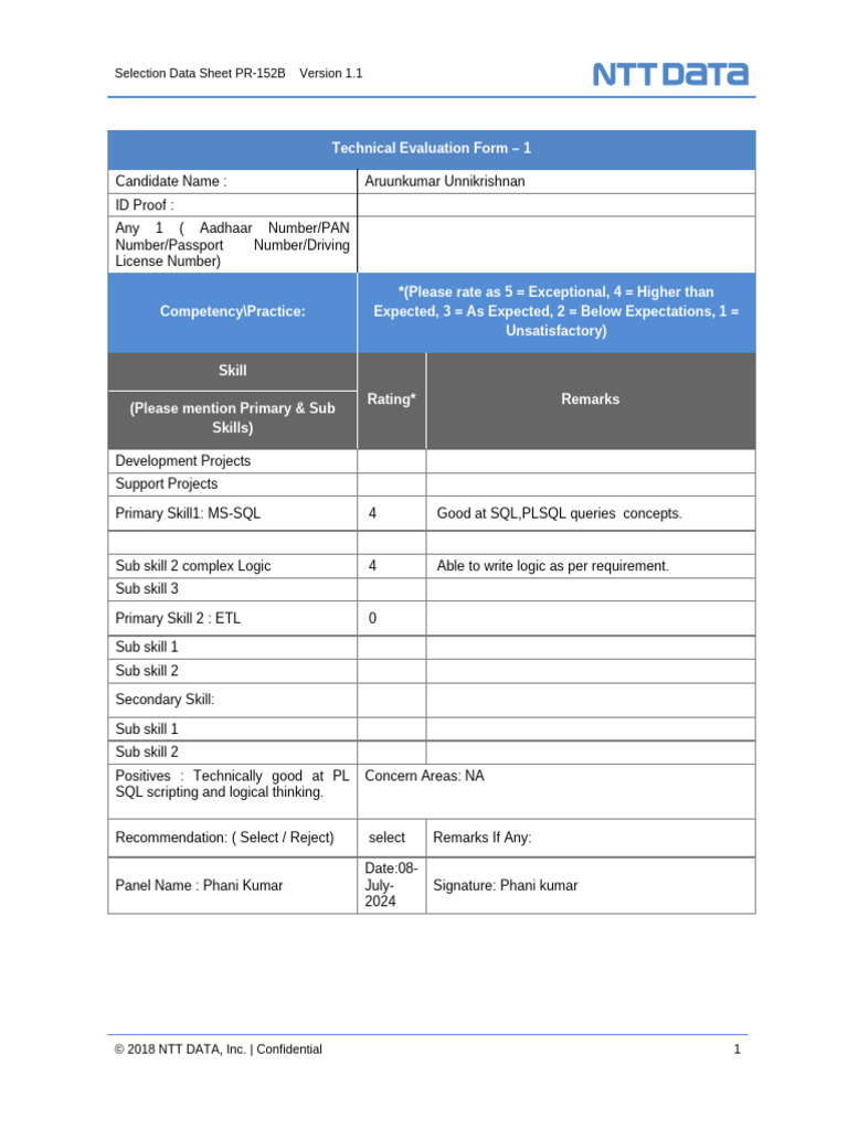 Selection Data Sheet (SDS) - Aruunkumar Unnikrishnan | PDF | Pl/Sql | Business