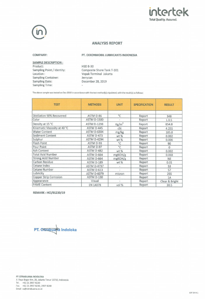Analysis Report HSD B-30 From Tank T-101 Vopak-Exxonmobil Lub. Ind... | PDF