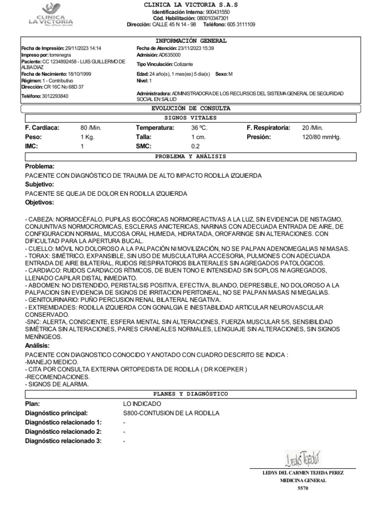 Informe Médico: Trauma Rodilla Izquierda | PDF | Rodilla | Presión ...