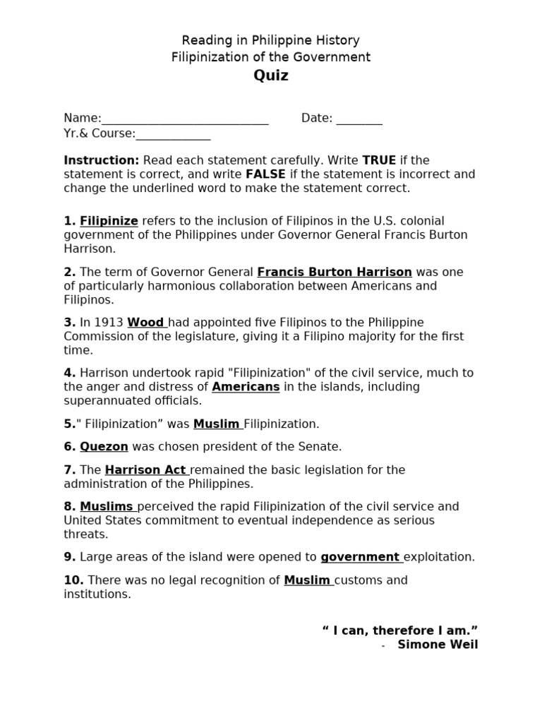Filipinization Quiz 101 | PDF