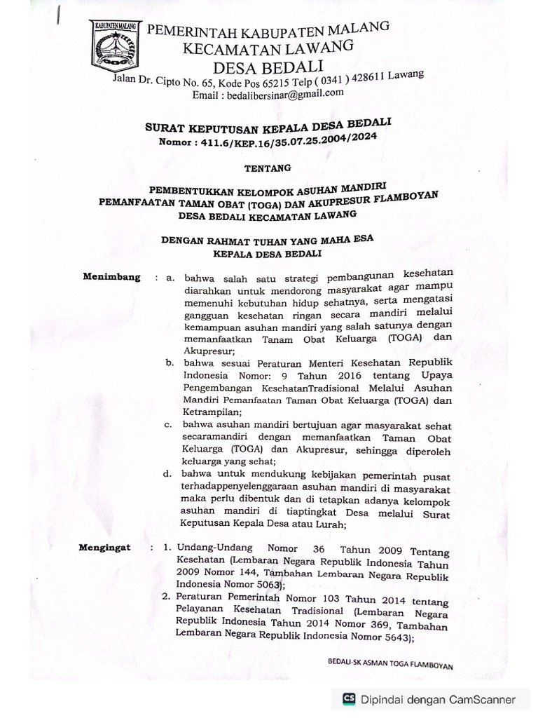 SK Kelompok Asman Toga Desa Bedali | PDF