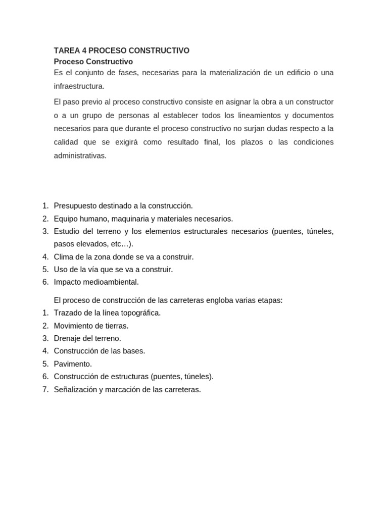 Tarea 4 Proceso Constructivo | PDF | La carretera | Fundación (Ingeniería)