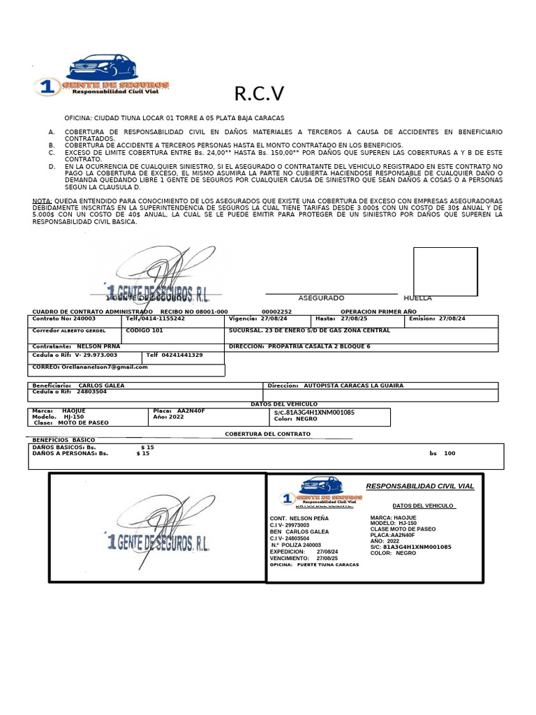 Rcv 240003 | PDF | Póliza de seguros