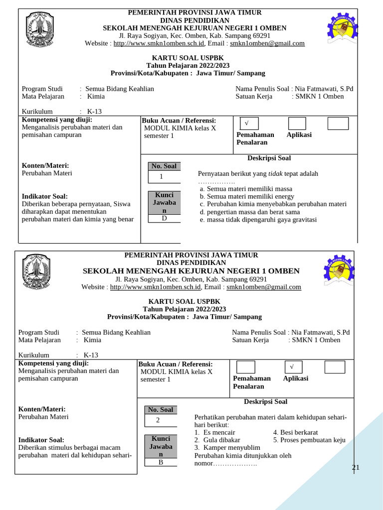 Kartu Soal USPBK Kimia | PDF