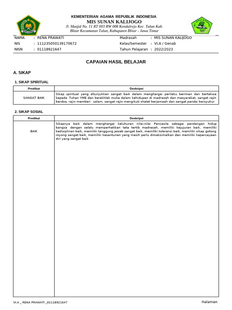 Laporan Hasil Belajar Rena | PDF