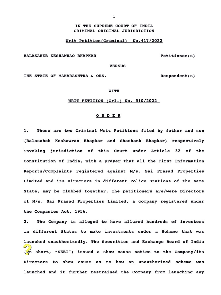 Balasaheb Keshawrao Bhapkar Vs State of Maharahstra & Ors W.P. (CRL) No ...