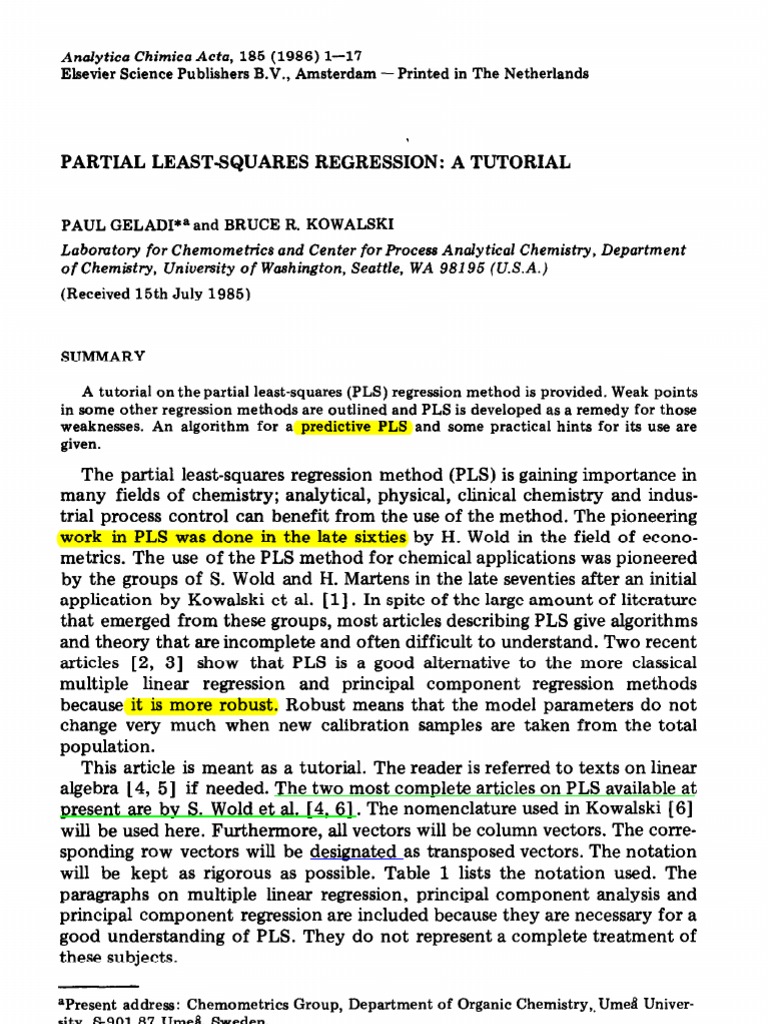 Partial Least Squares Regression A Tutorial | PDF | Principal Component Analysis | Eigenvalues ...