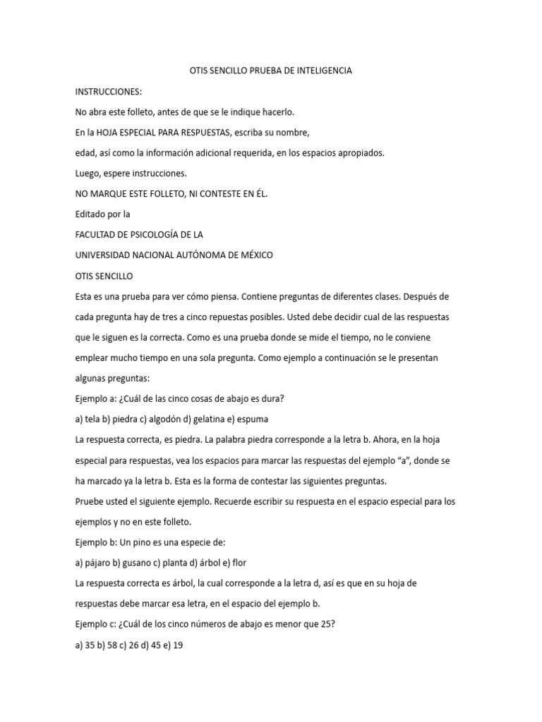 Otis Sencillo Prueba de Inteligencia | PDF
