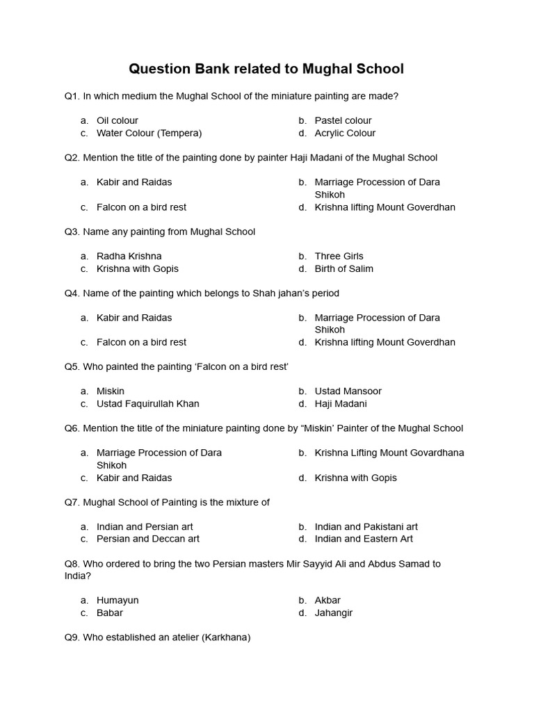 Question Bank Related To Mughal School | PDF | Mughal Empire | Paintings