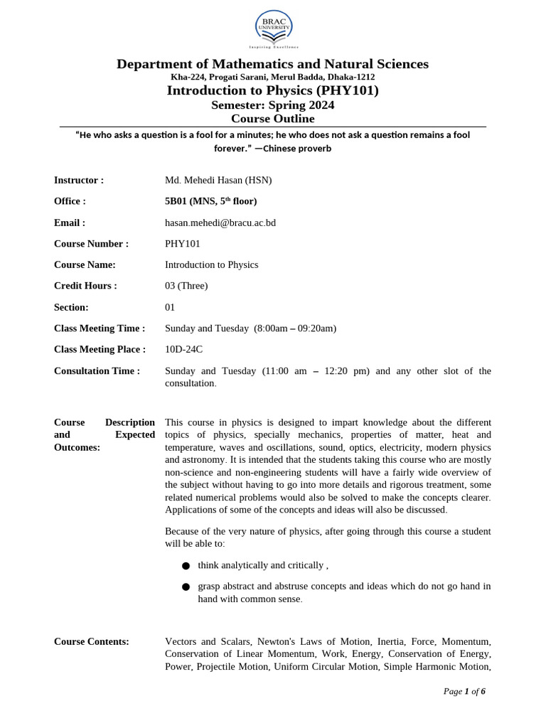 Course outline of PHY 101_SP2024 | PDF | Waves | Light