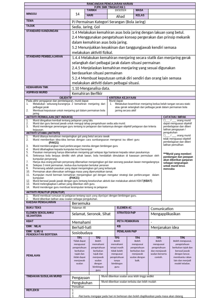 RPH SMK Minggu 14 PJPK Tingkatan 1 2024-2025 by Cikgu Gorgeous | PDF