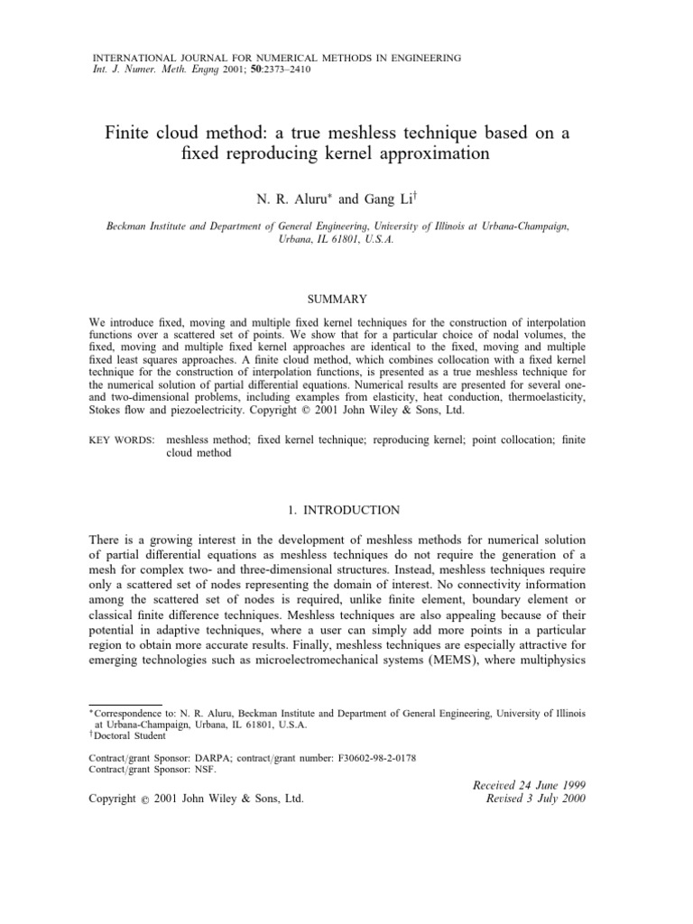 Finite Cloud Method A True Meshless Technique Based On A Xed Reproducing Kernel Approximation