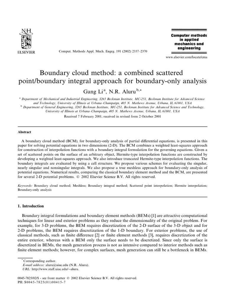 Boundary Cloud Method: A Combined Scattered Point/boundary Integral ...