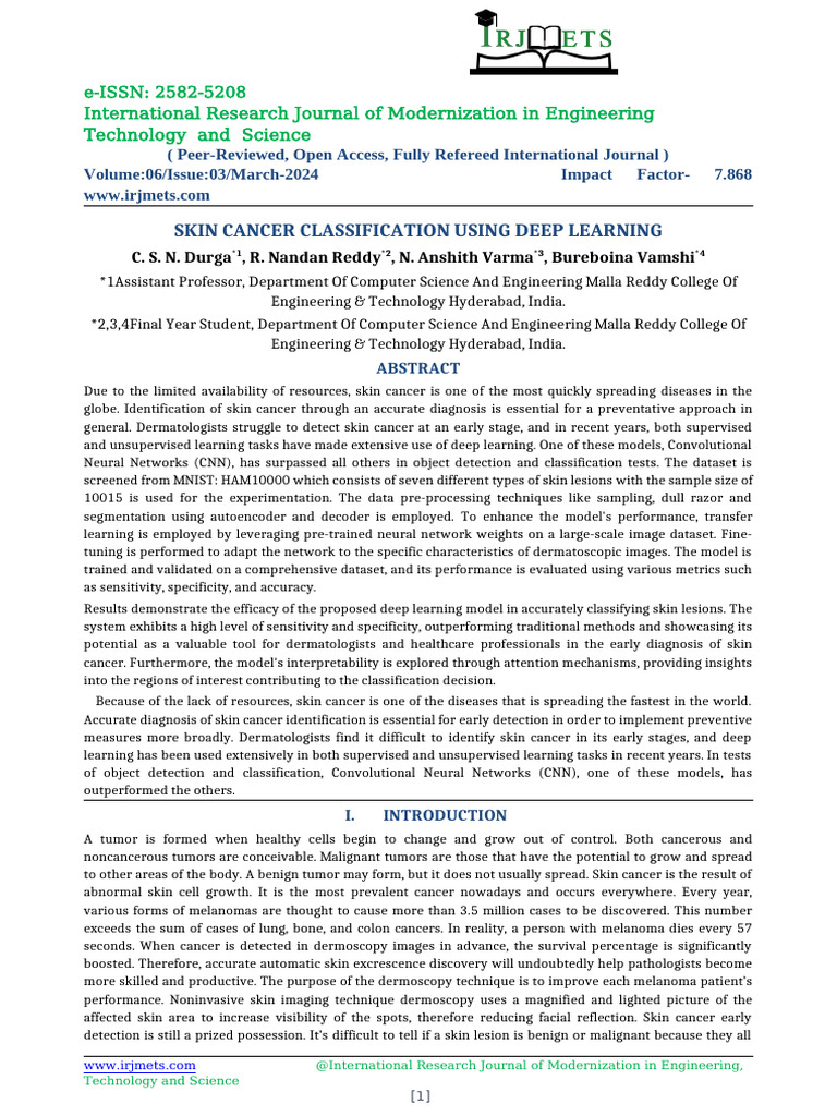 Skin Cancer Classification Using Deep Learning Irjmets | PDF | Melanoma ...