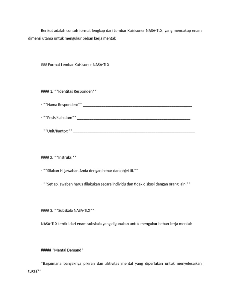 Berikut Adalah Contoh Format Lengkap Dari Lembar Kuisisoner NASA | PDF