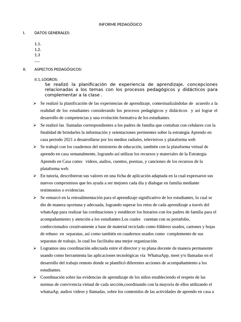 Informe Pedagógico - Primaria 1 | PDF | Números | Decimal