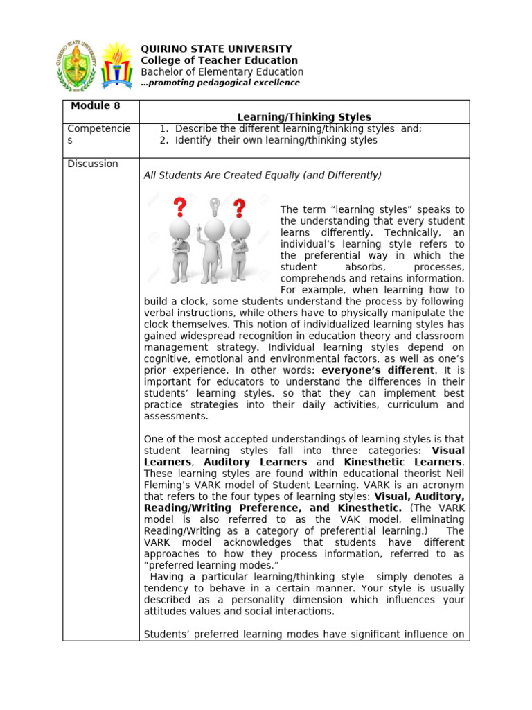Module-8.-Learningthinking-styles | PDF | Learning Styles | Learning
